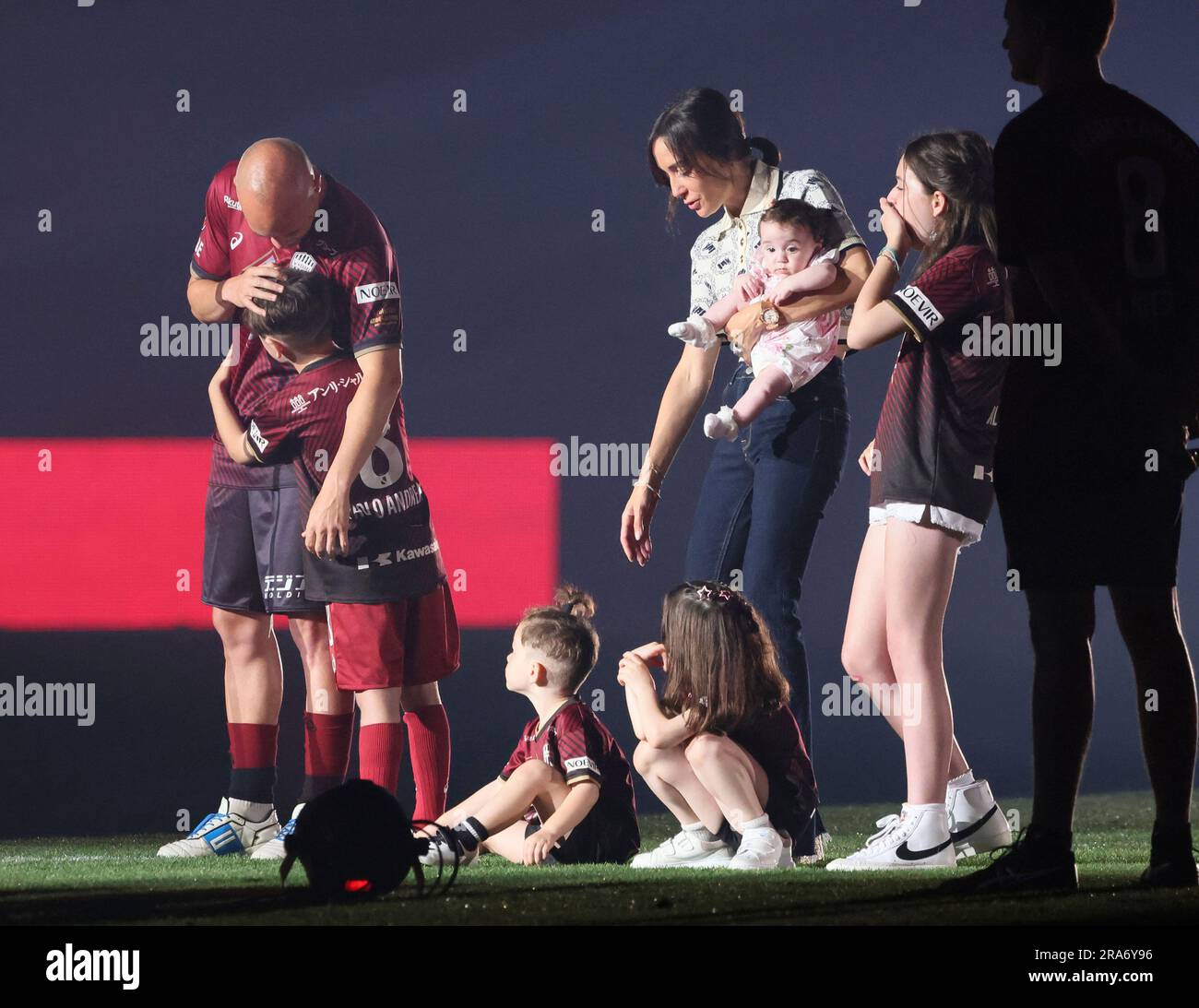 Spanish Andres Iniesta of Vissel Kobe makes his speech during the ...