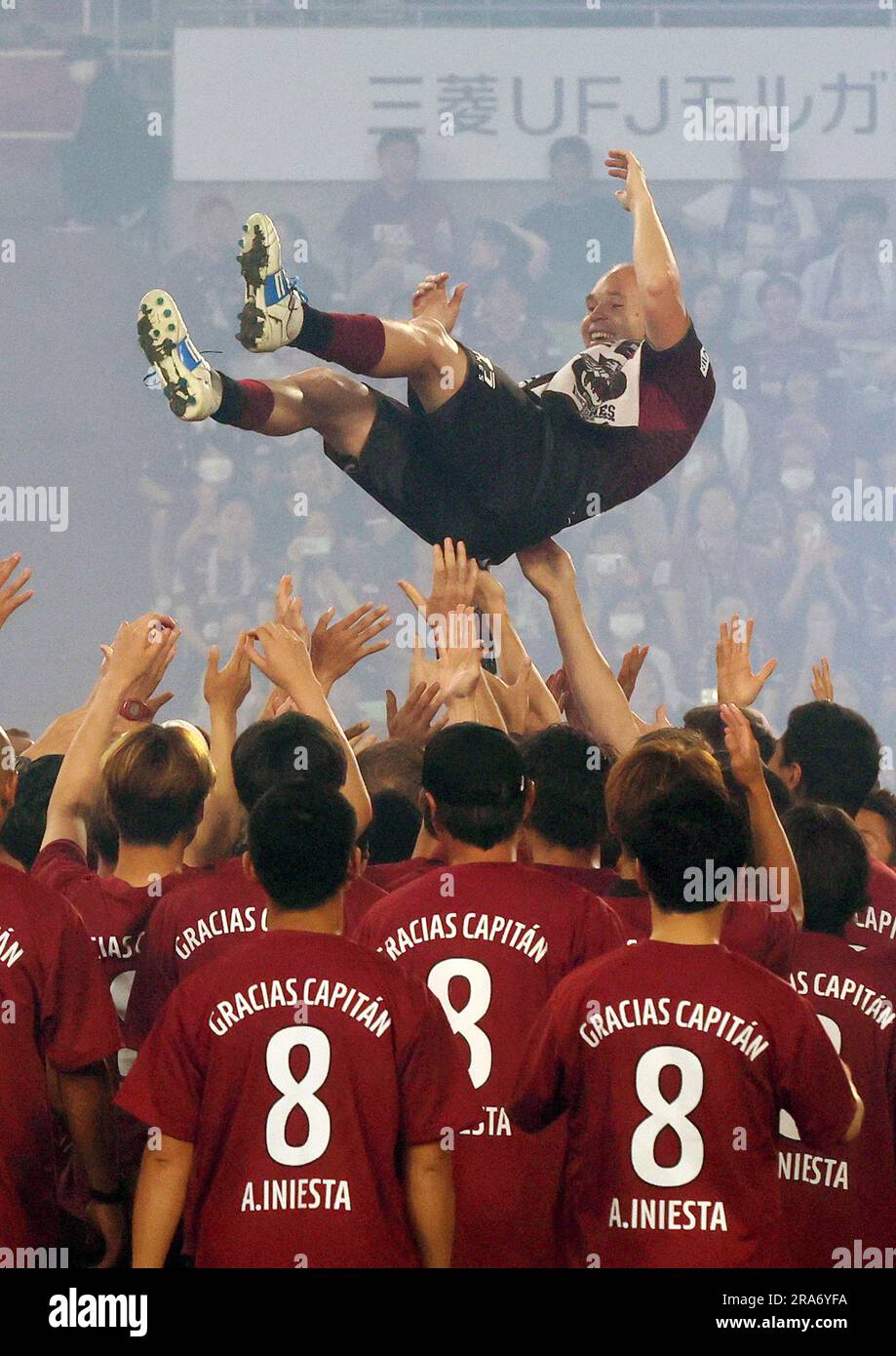Spanish Andres Iniesta of Vissel Kobe is lifted up in the air for ...