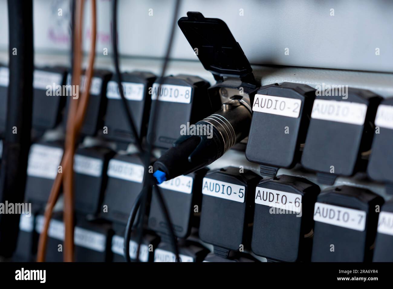 Sound plugin audio cable on studio system boxes Stock Photo - Alamy