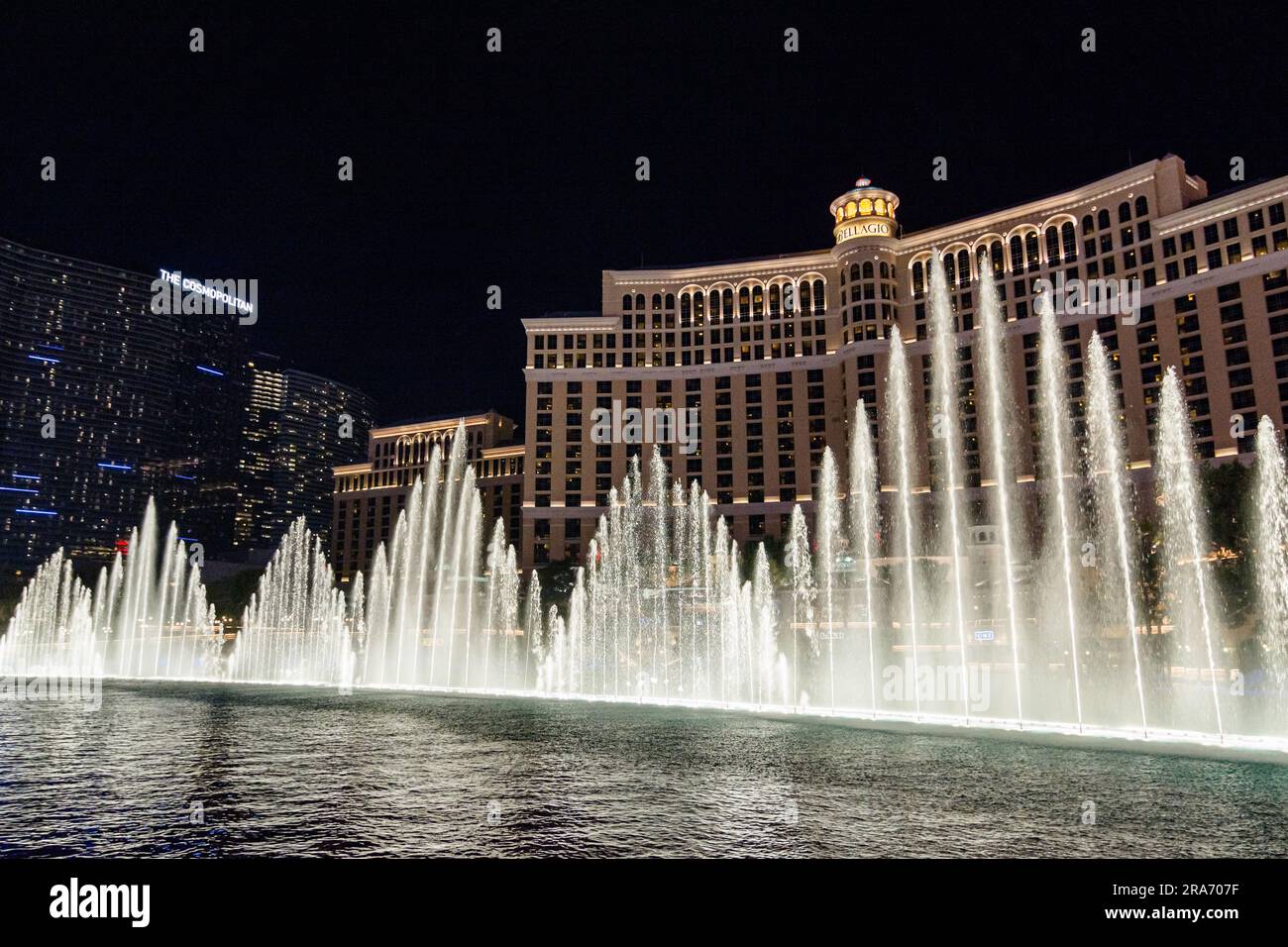 The illuminated Fountains of Bellagio at the Bellagio resort is a nightly tourist attraction on ...