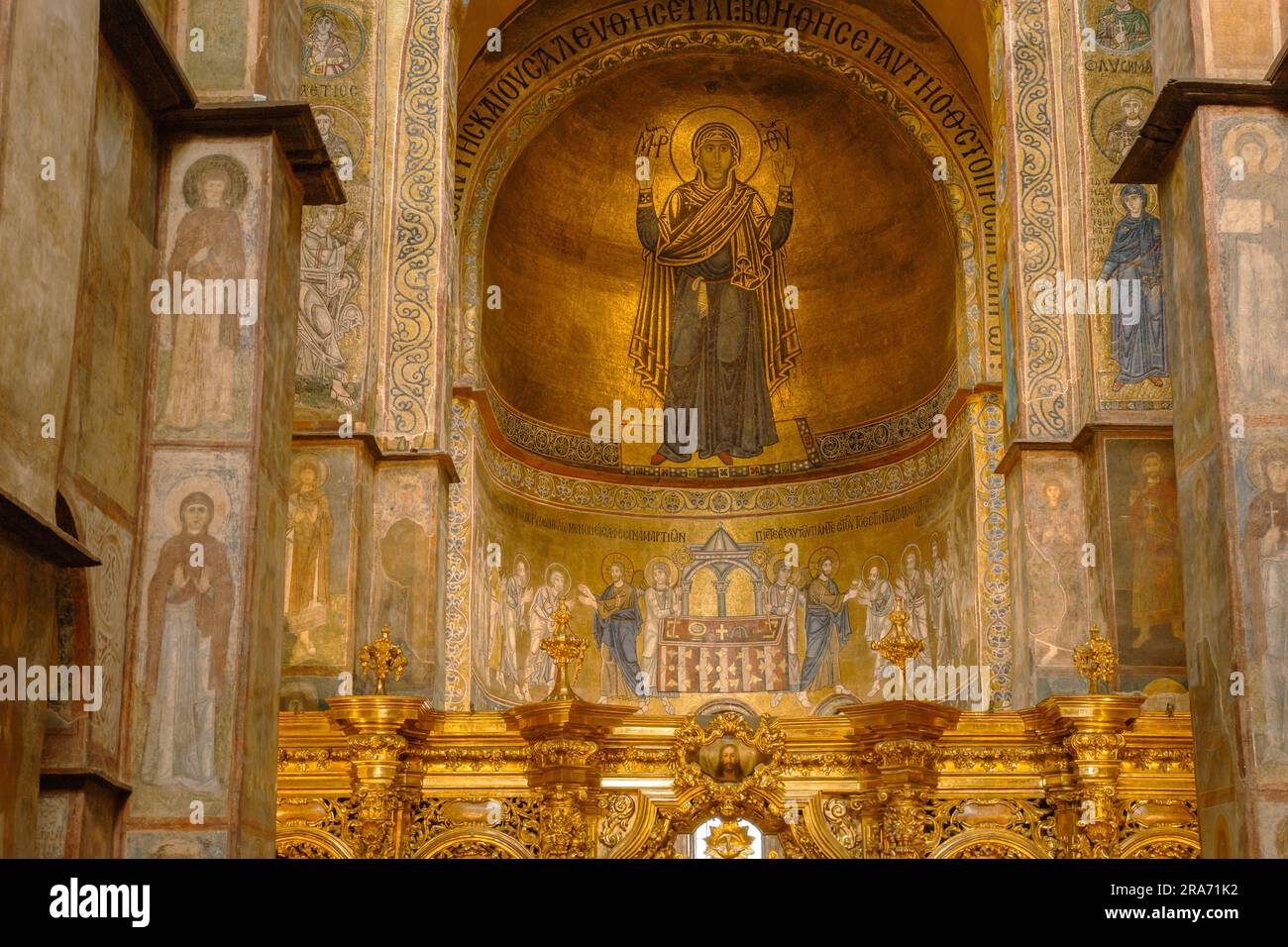St. Sophia church interior. Golden mosaic of Virgin Mary. Ancient ...