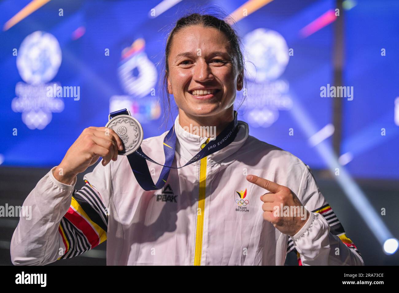 Krakow, Poland. 01st July, 2023. Boxer Athlete Oshin Derieuw celebrates ...