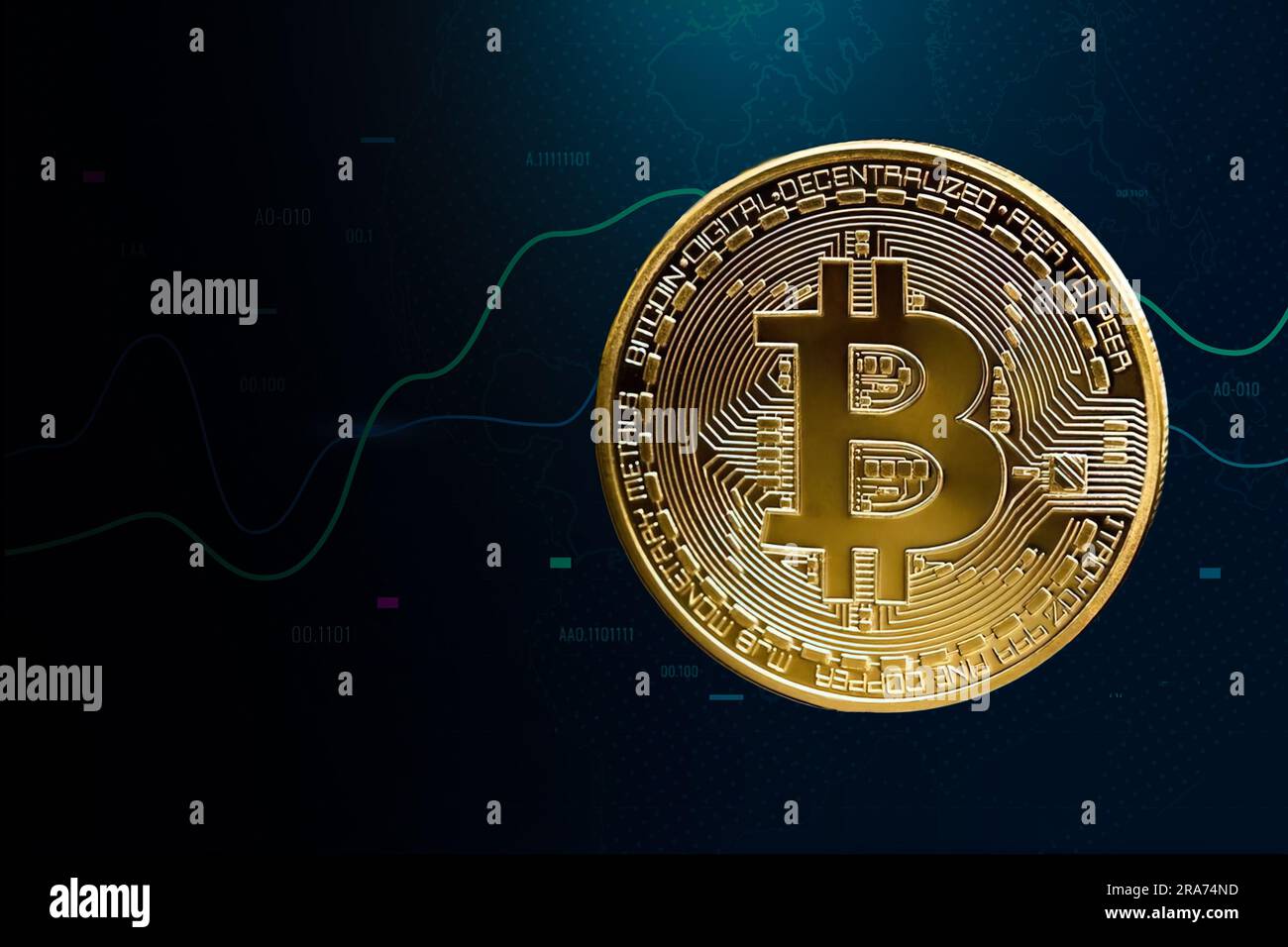 Bitcoin token over financial with gradient to black on left Stock Photo ...