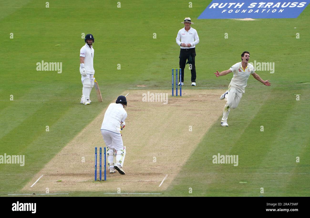 Australia's Pat Cummins celebrates bowling out England's Harry Brook ...