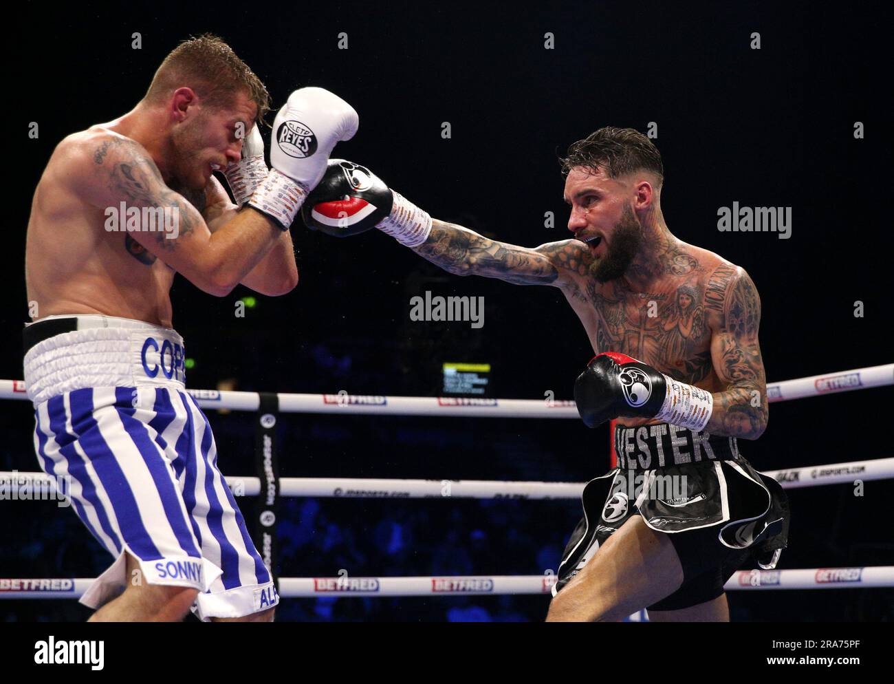 Adam Cope (left) and Lewis Sylvester in action during their English ...