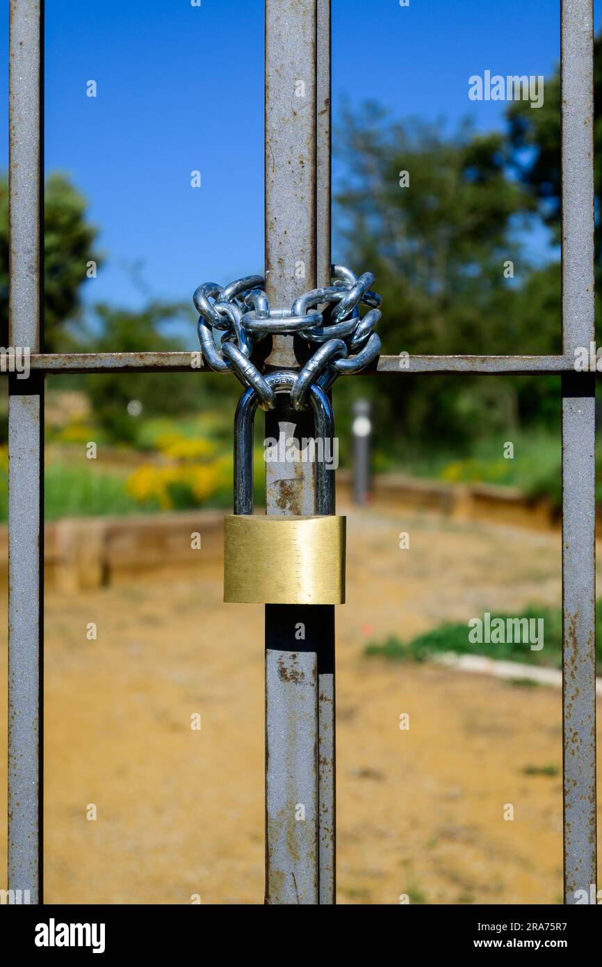 Old Locked Padlock Hanging On The Old Fashioned Metal Gate Stock Photo ...