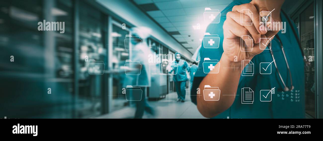 Doctor working on modern computer and taking survey, ticking answers at ...