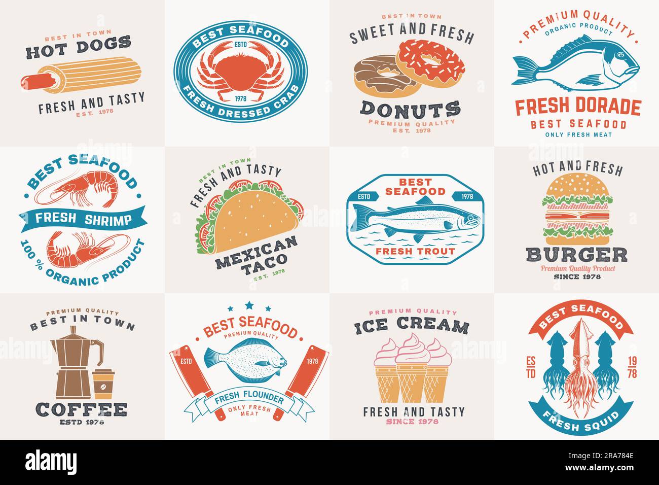 Set of seafood and fast food retro badge. Vector. For seafood emblem ...