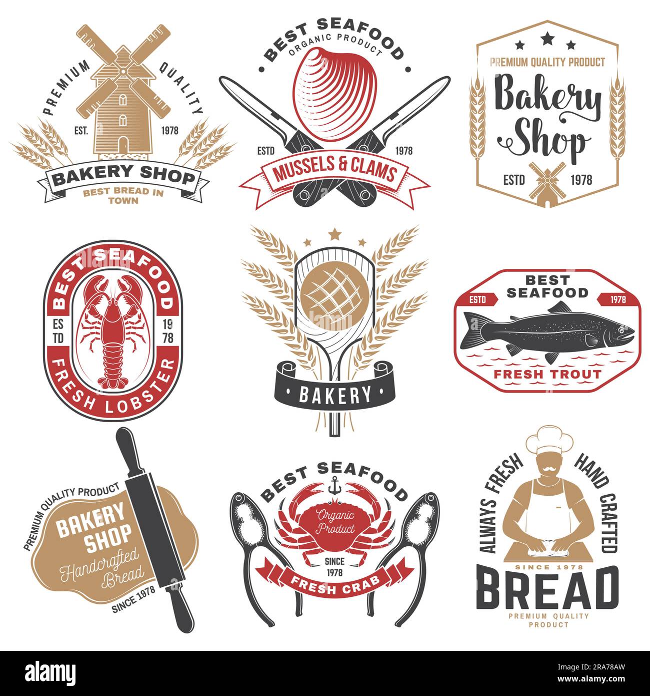 Set of Bakery and seafood badges. Vector. For emblem, sign, patch ...