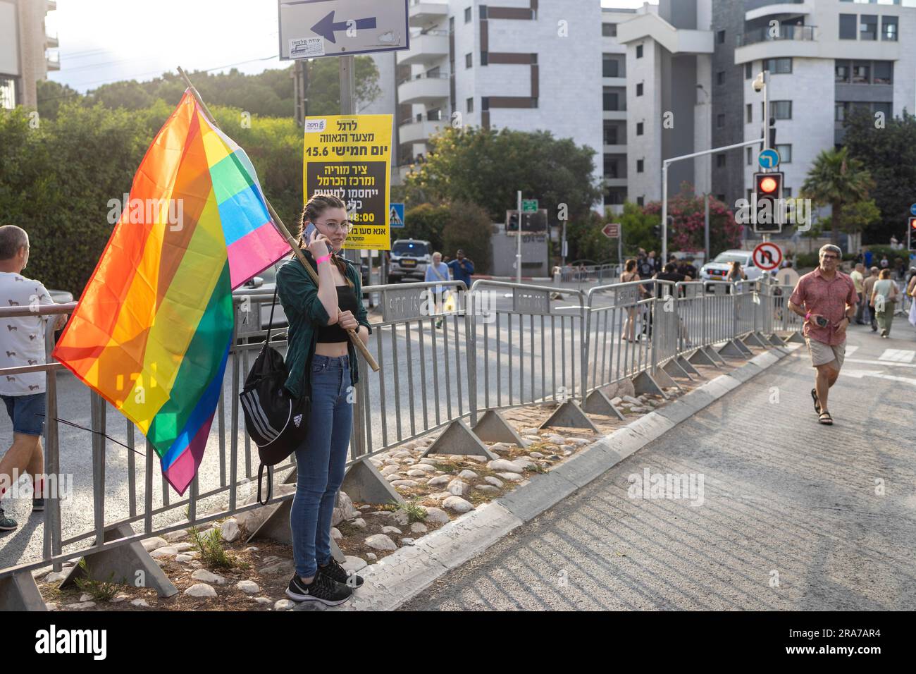 Haifa, Israel - June 24, 2023: People with protest signs in preparation ...