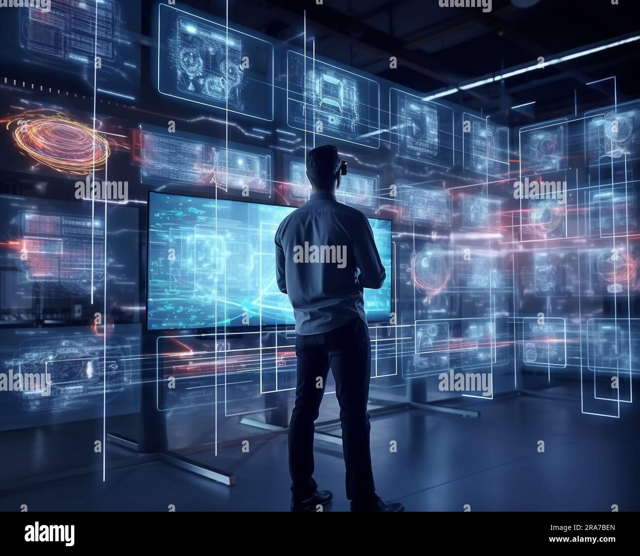 Portrait of IT Specialist Uses Laptop in Data Center. Server Farm Cloud ...