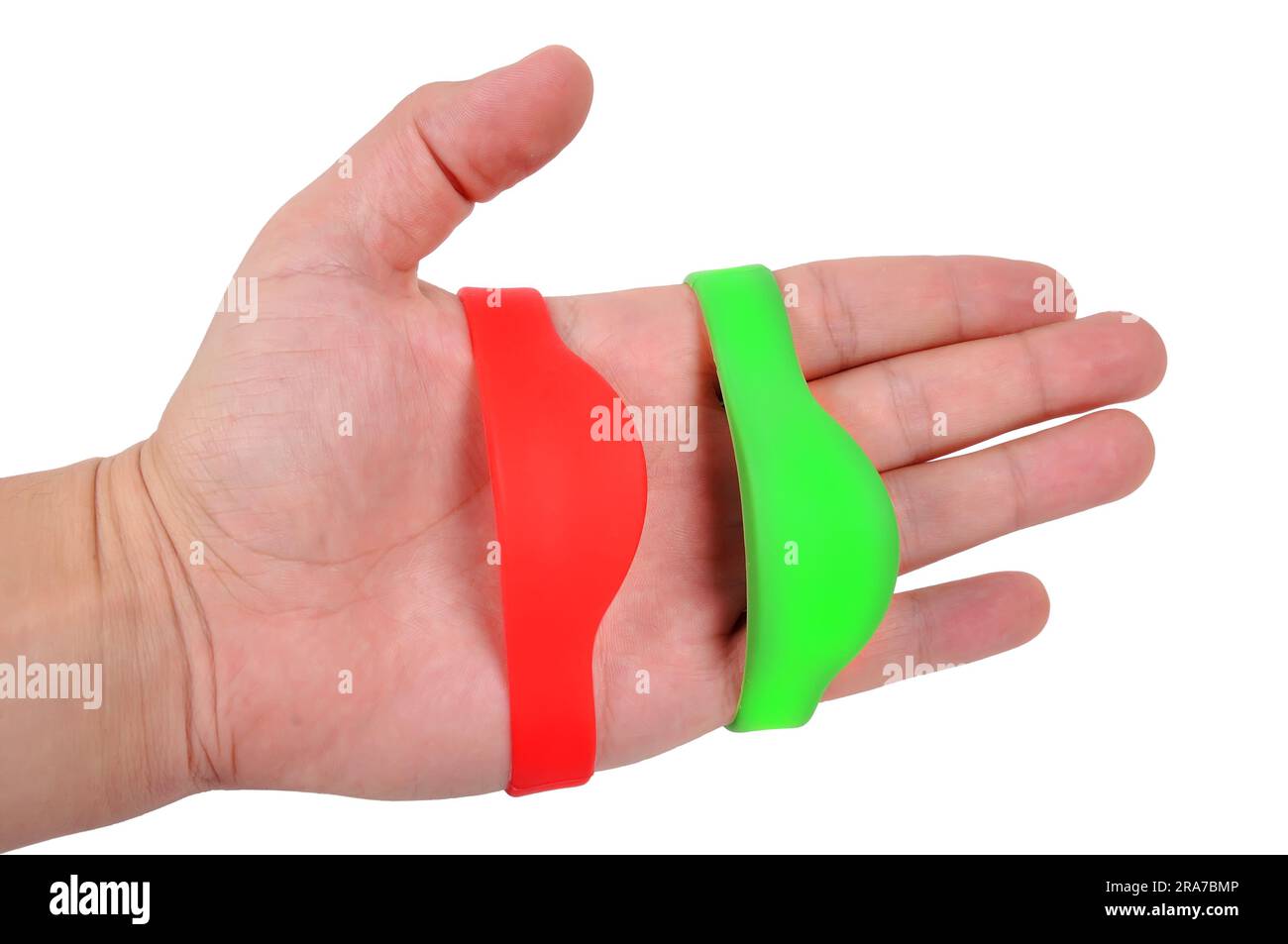 hand with two color RFID Bracelet on a white background Stock Photo - Alamy