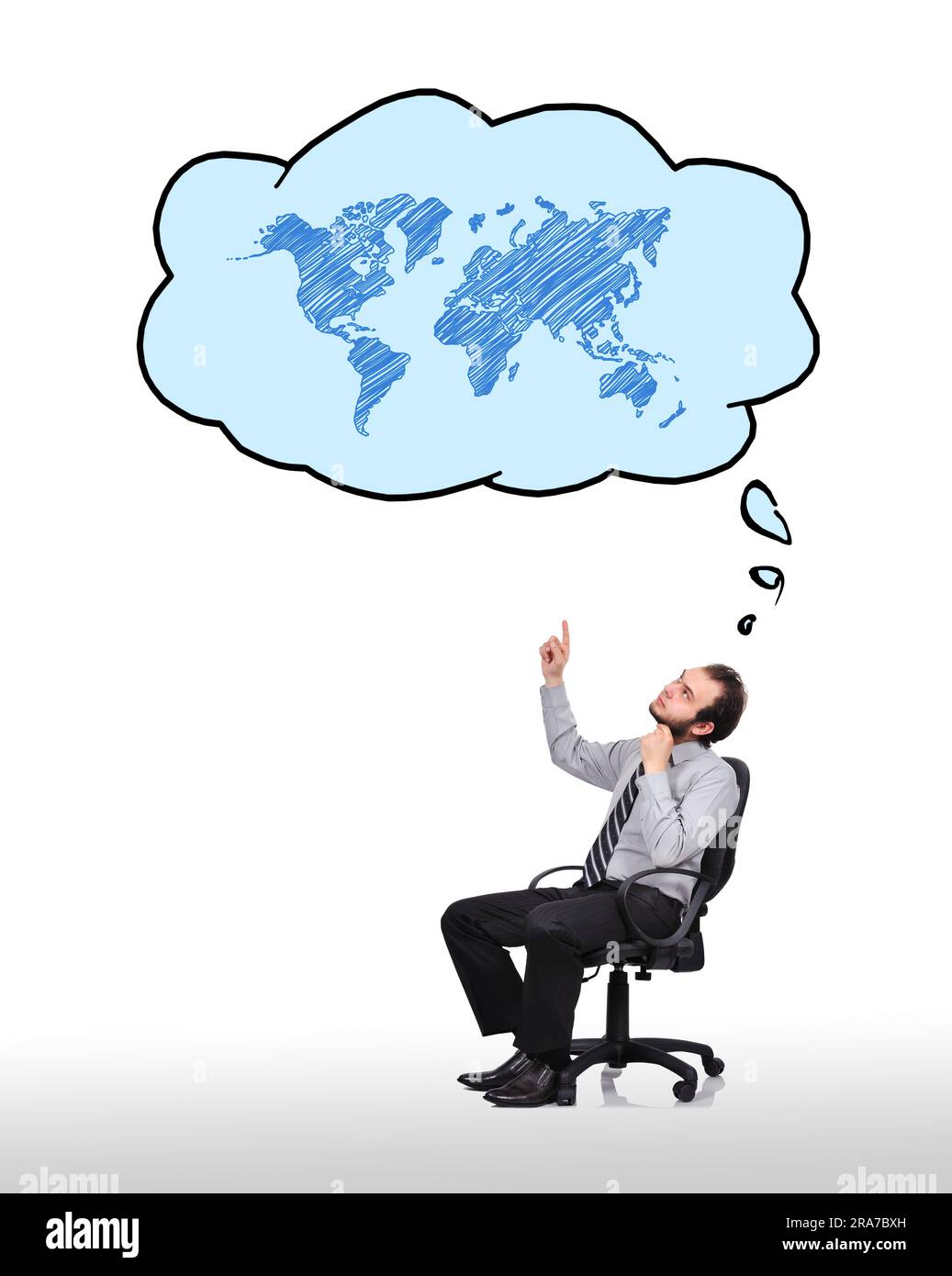 businessman sitting in chair and pointing to cloud with world map Stock ...