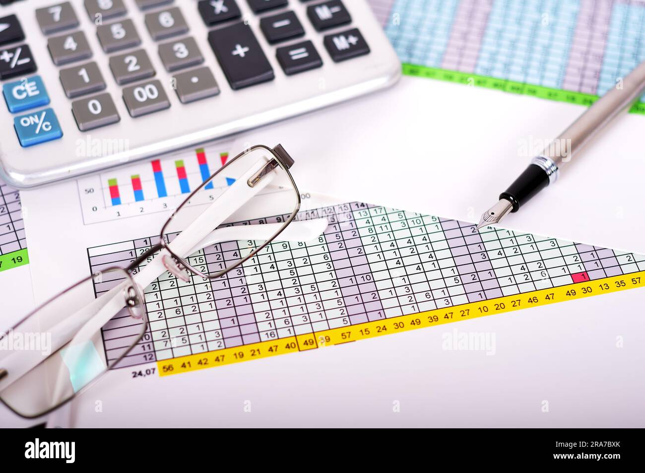 Business concept with documents, calculator and fountain pen Stock ...