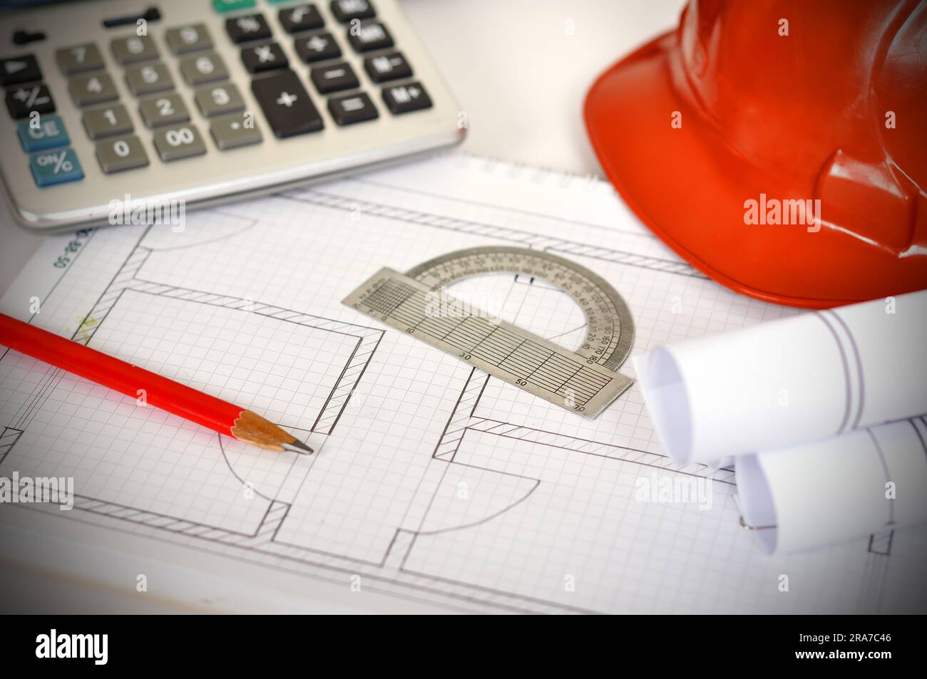 protractor, calculator, hamlet and pencil on table engineer Stock Photo ...