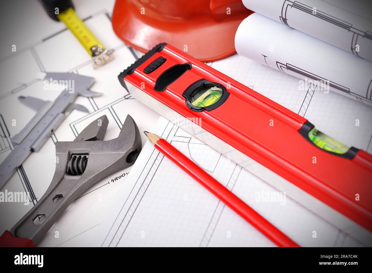workspace engineer, blueprint and tools on the desktop Stock Photo - Alamy