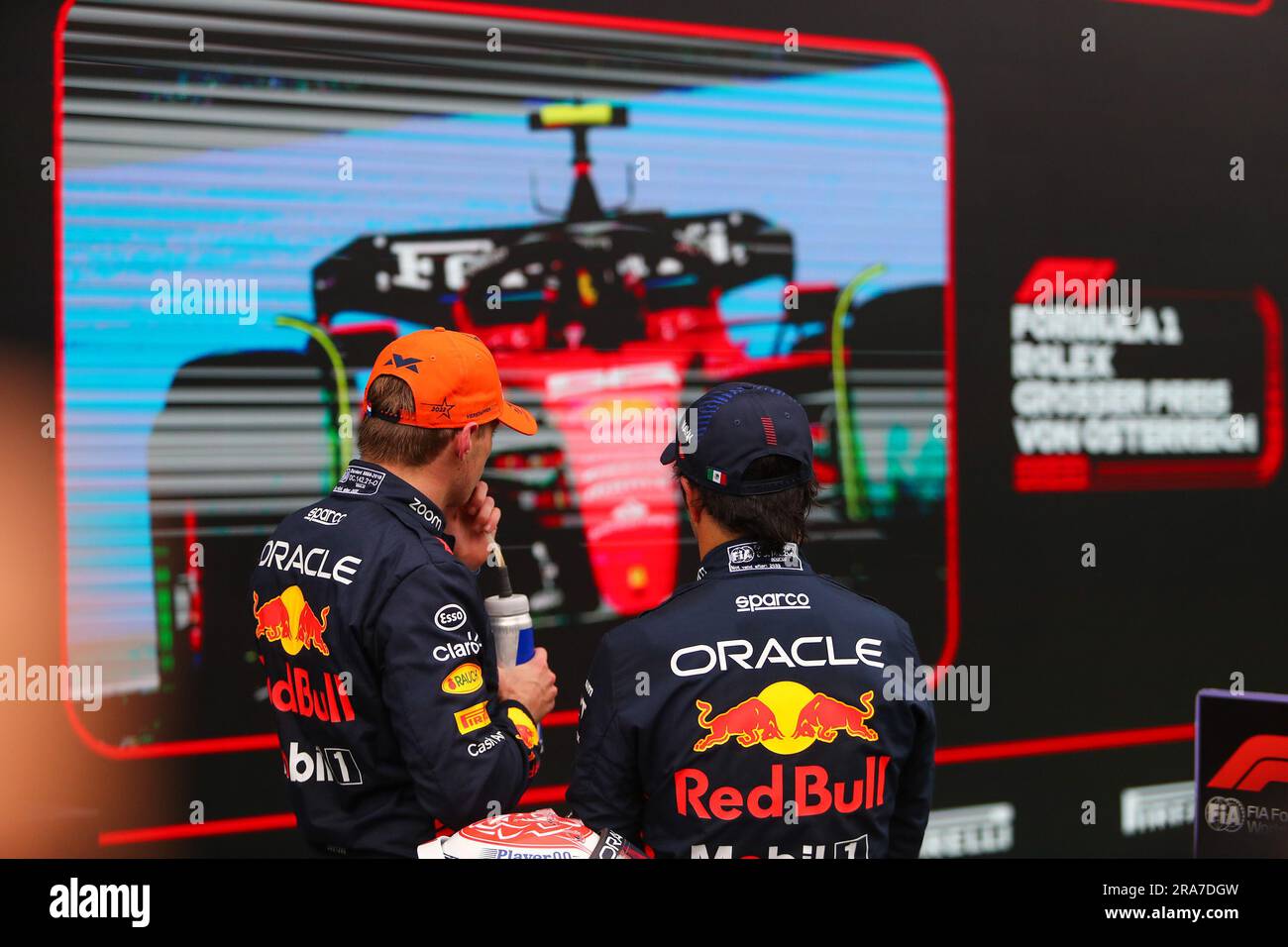 Max Verstappen (NED) Redbull Racing RB19 and Sergio Perez (MEX) Redbull Racing RB19 podium ...