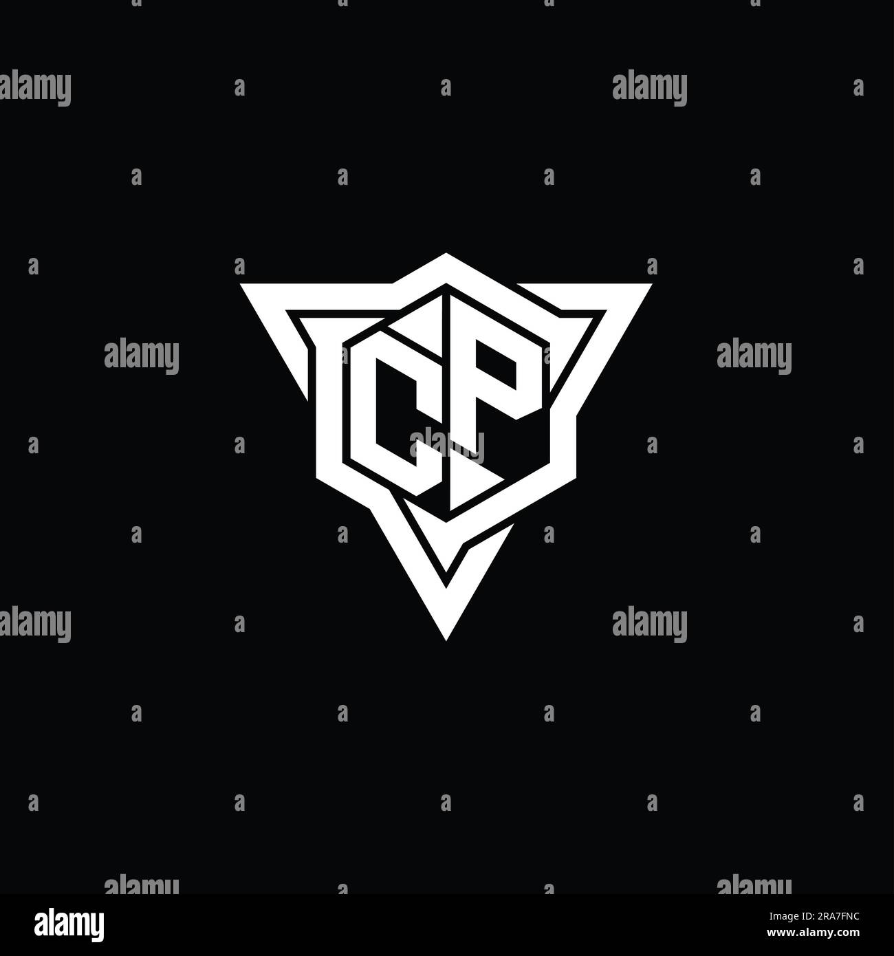 CP Letter Logo monogram hexagon shape with triangle outline sharp slice style design template ...