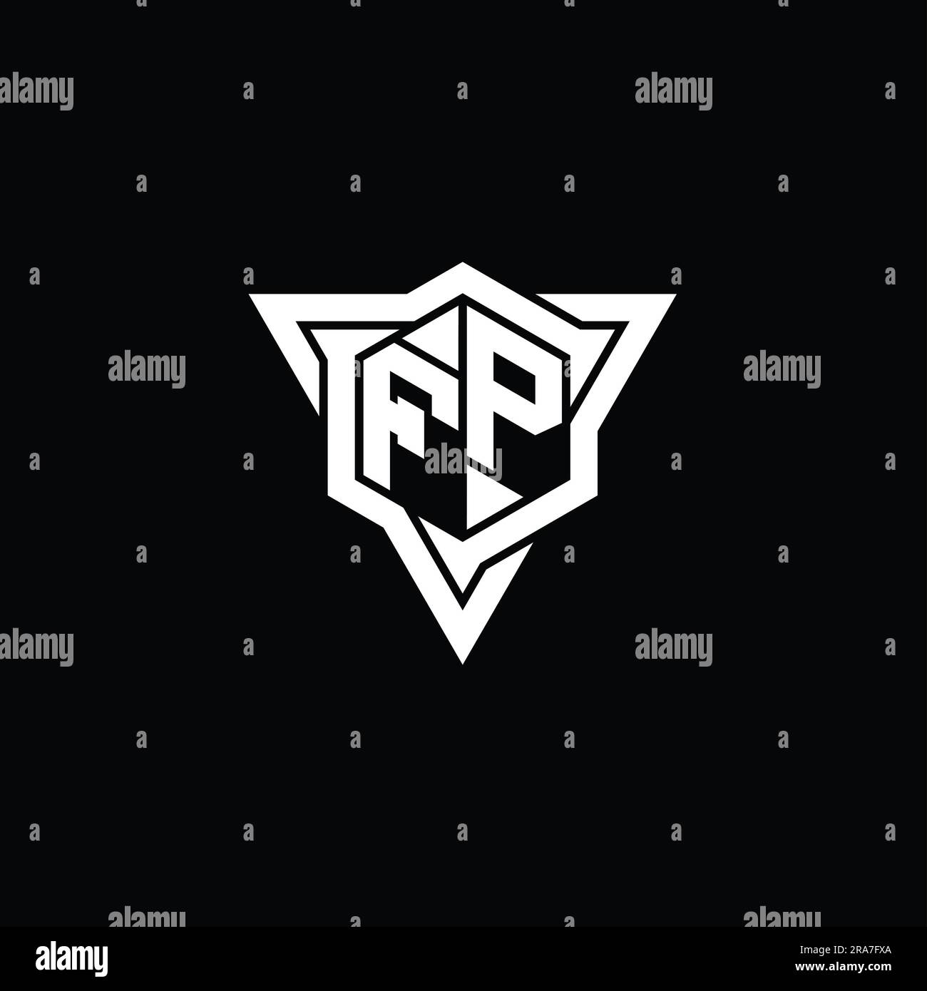 FP Letter Logo monogram hexagon shape with triangle outline sharp slice style design template ...