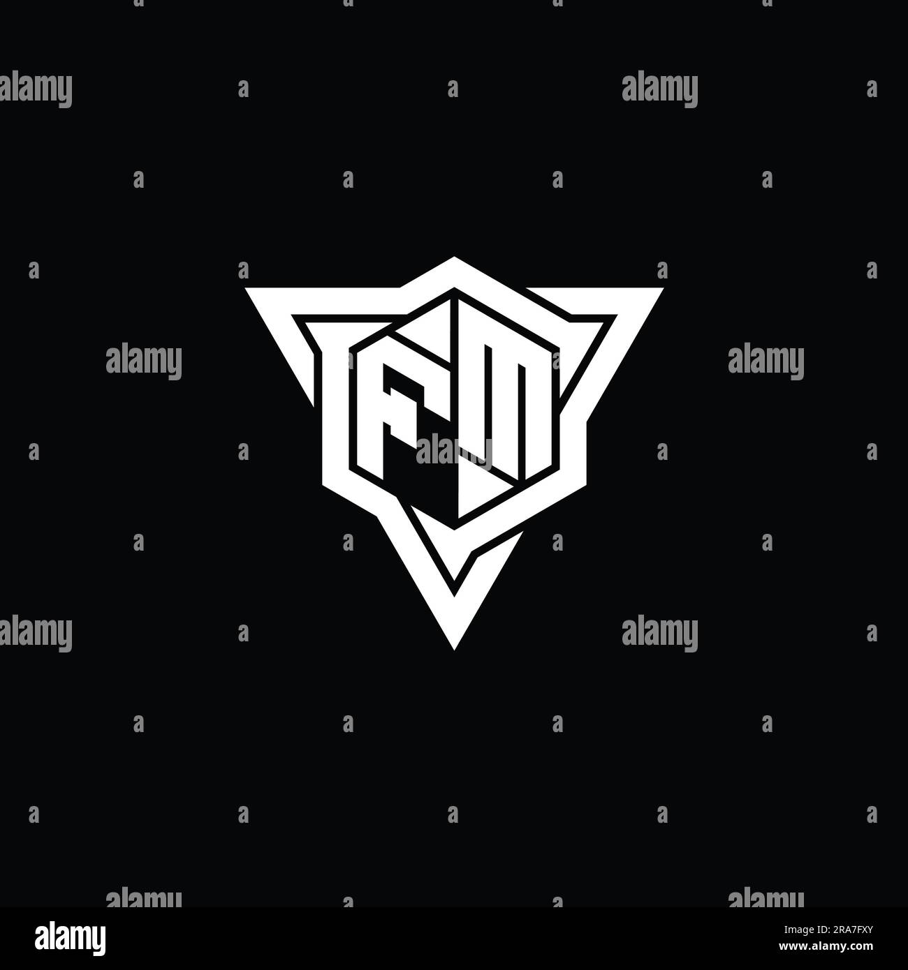 FM Letter Logo monogram hexagon shape with triangle outline sharp slice style design template ...
