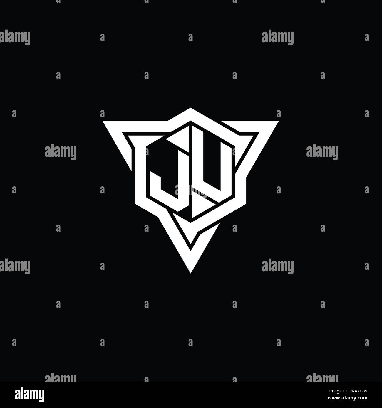 JU Letter Logo monogram hexagon shape with triangle outline sharp slice style design template ...