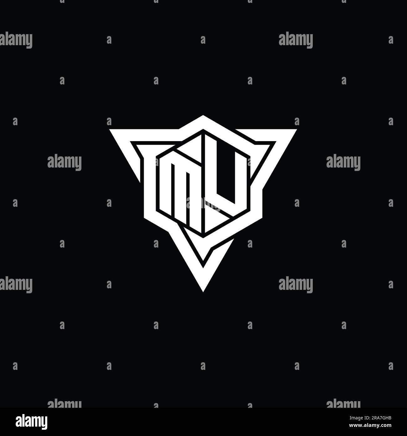 MU Letter Logo monogram hexagon shape with triangle outline sharp slice style design template ...