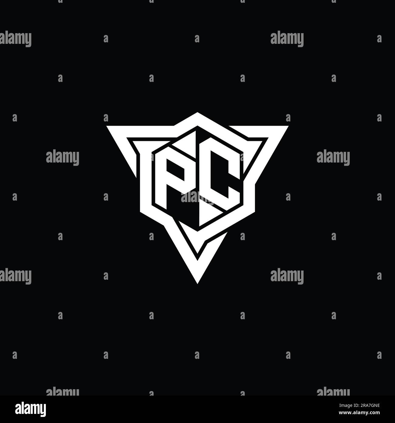 PC Letter Logo monogram hexagon shape with triangle outline sharp slice ...