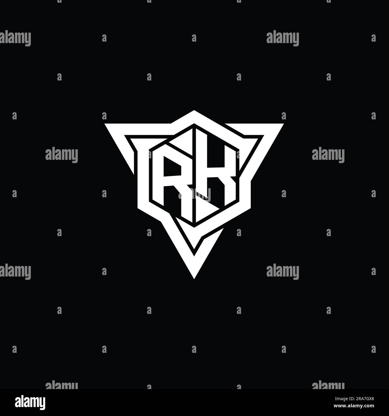 RK Letter Logo monogram hexagon shape with triangle outline sharp slice style design template ...