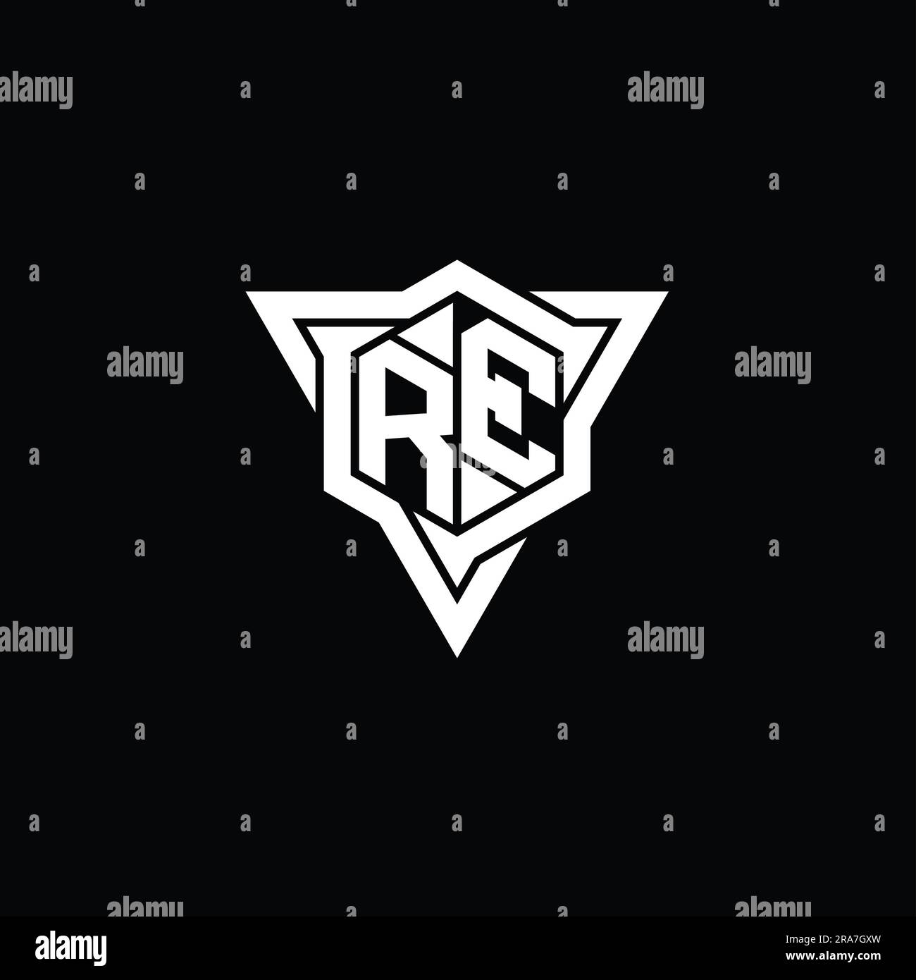 RE Letter Logo monogram hexagon shape with triangle outline sharp slice ...