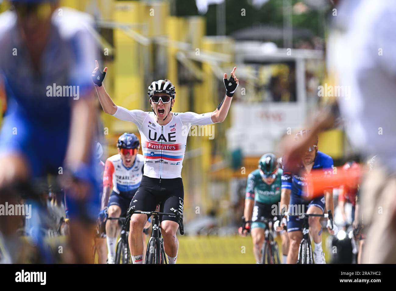 Tadej Pogačar celebrating his teammate's victory in the Bilbao stage of ...
