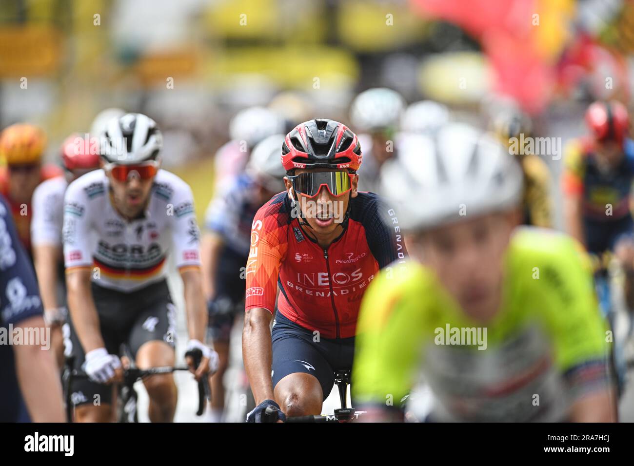 Egan Bernal entering the finish line in a Bilbao stage of the 2023 Tour ...