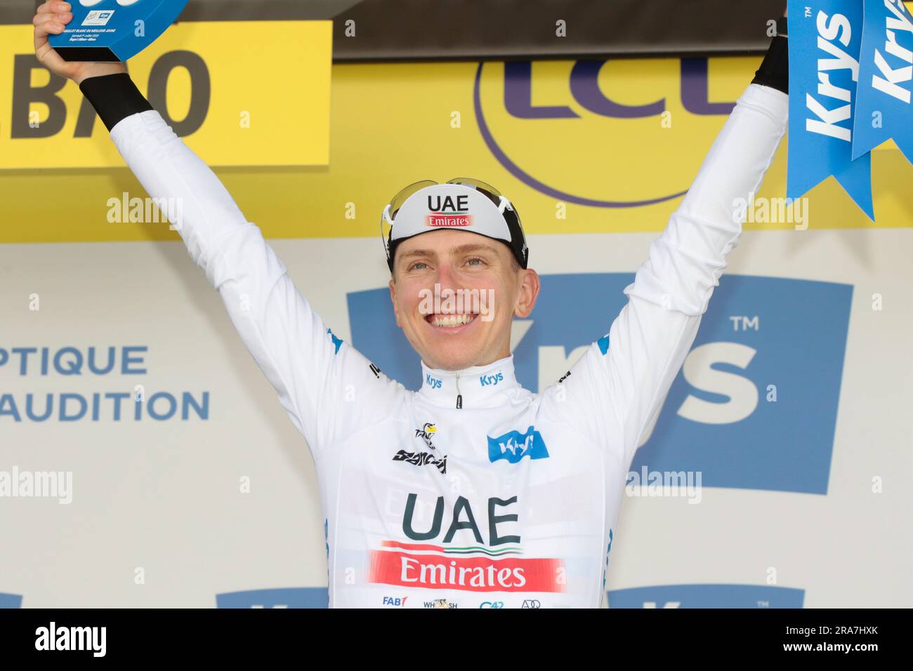 Adam Yates GB UAE team emirates on podium in Bilbao after stage 1 Tour ...