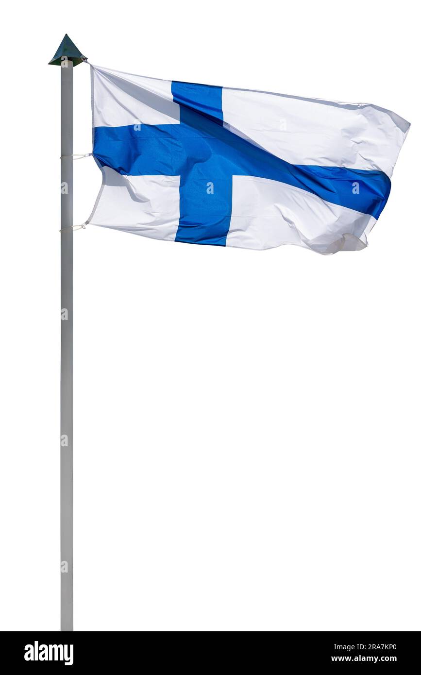 Waving finnish flag on a pole isolated on white background with ...