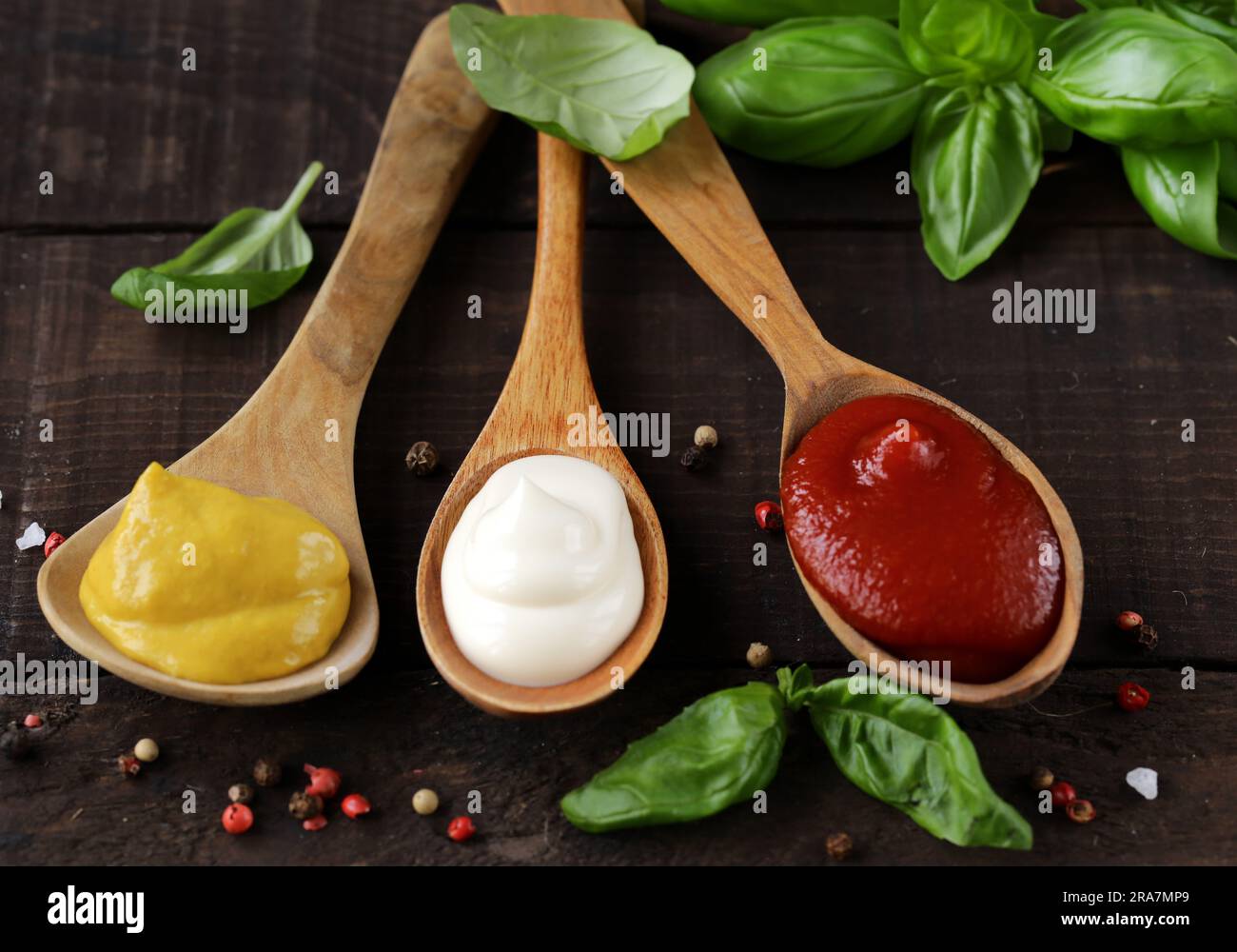 three variants of ketchup, mustard and mayonnaise sauce Stock Photo - Alamy