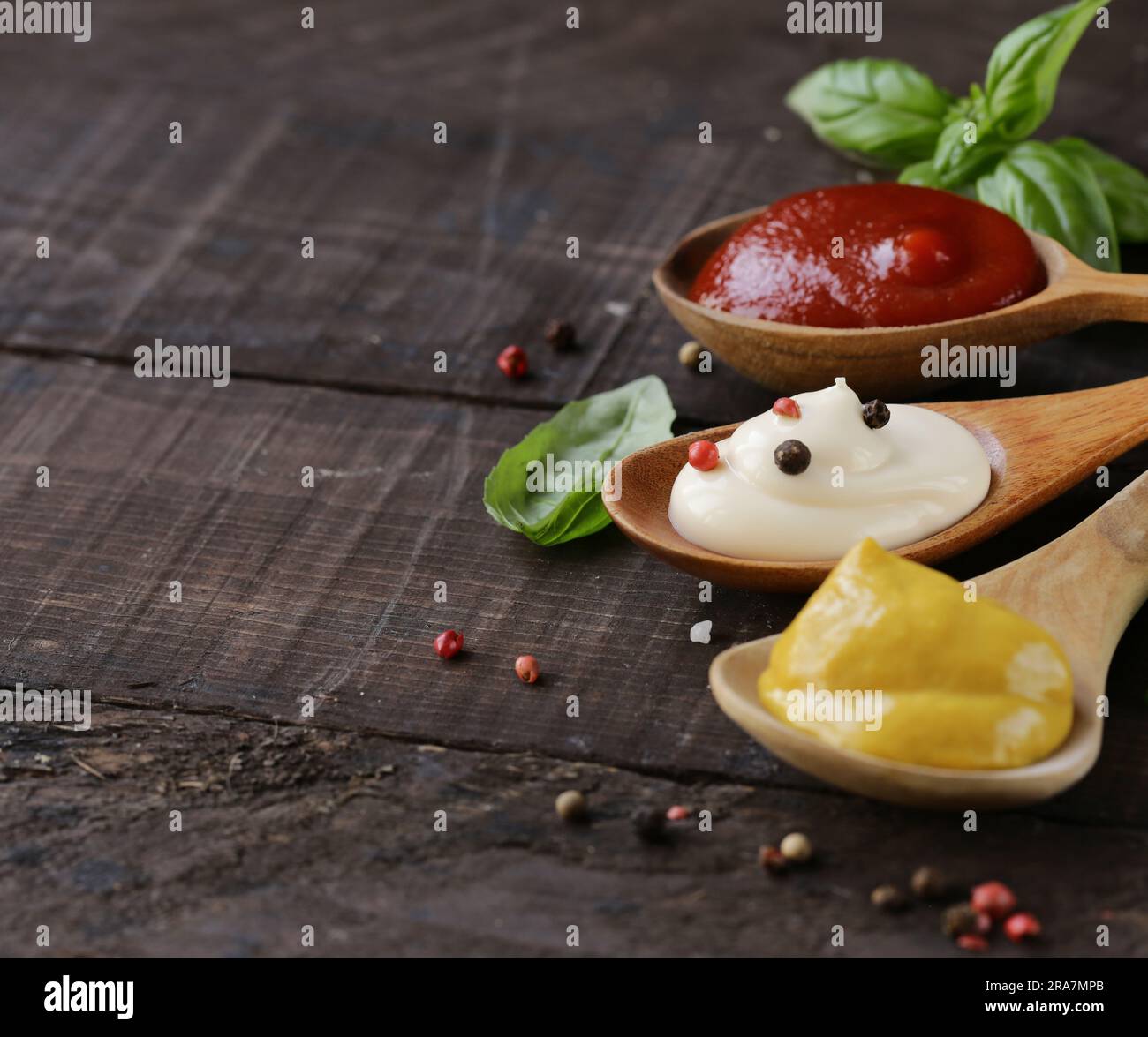 three variants of ketchup, mustard and mayonnaise sauce Stock Photo - Alamy