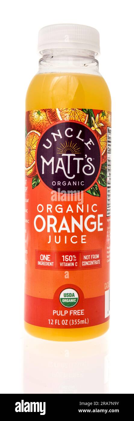 Winneconne, WI - 25 June 2023: A bottle of uncle Matts organic orange ...