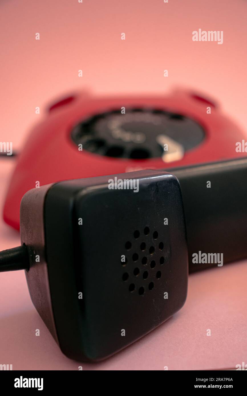 Red vintage phone. Old wired phone on isolated background, beautifull ...