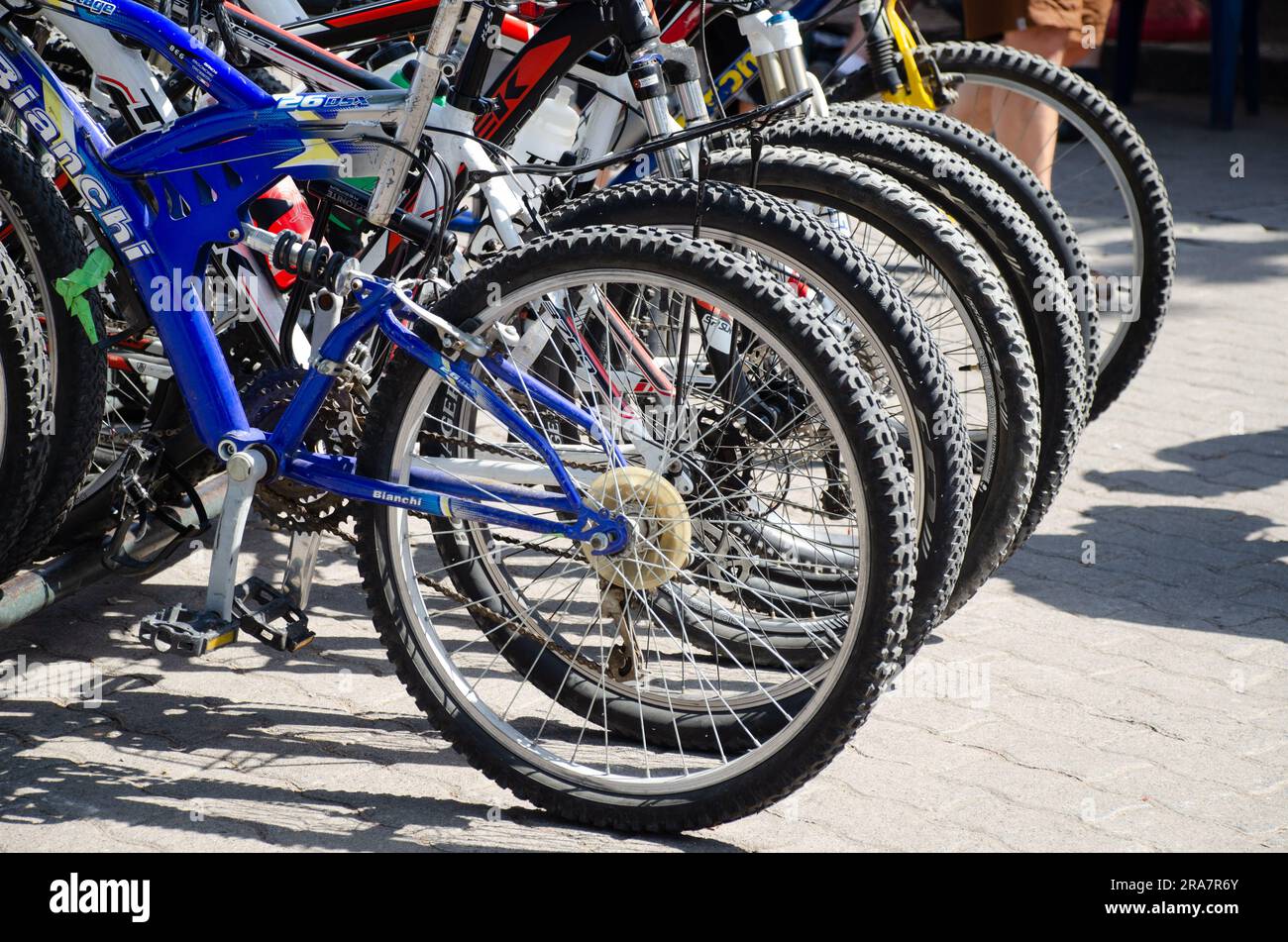 Stacked bicycle wheels, showcasing a captivating pattern and symmetry ...