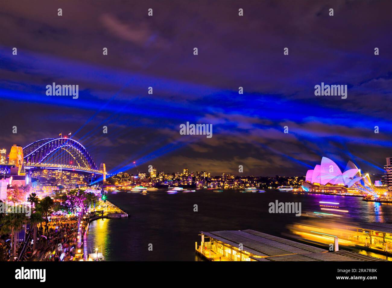 Circular quay harbour waterfront in Sydney city at Vivid Sydney winter ...