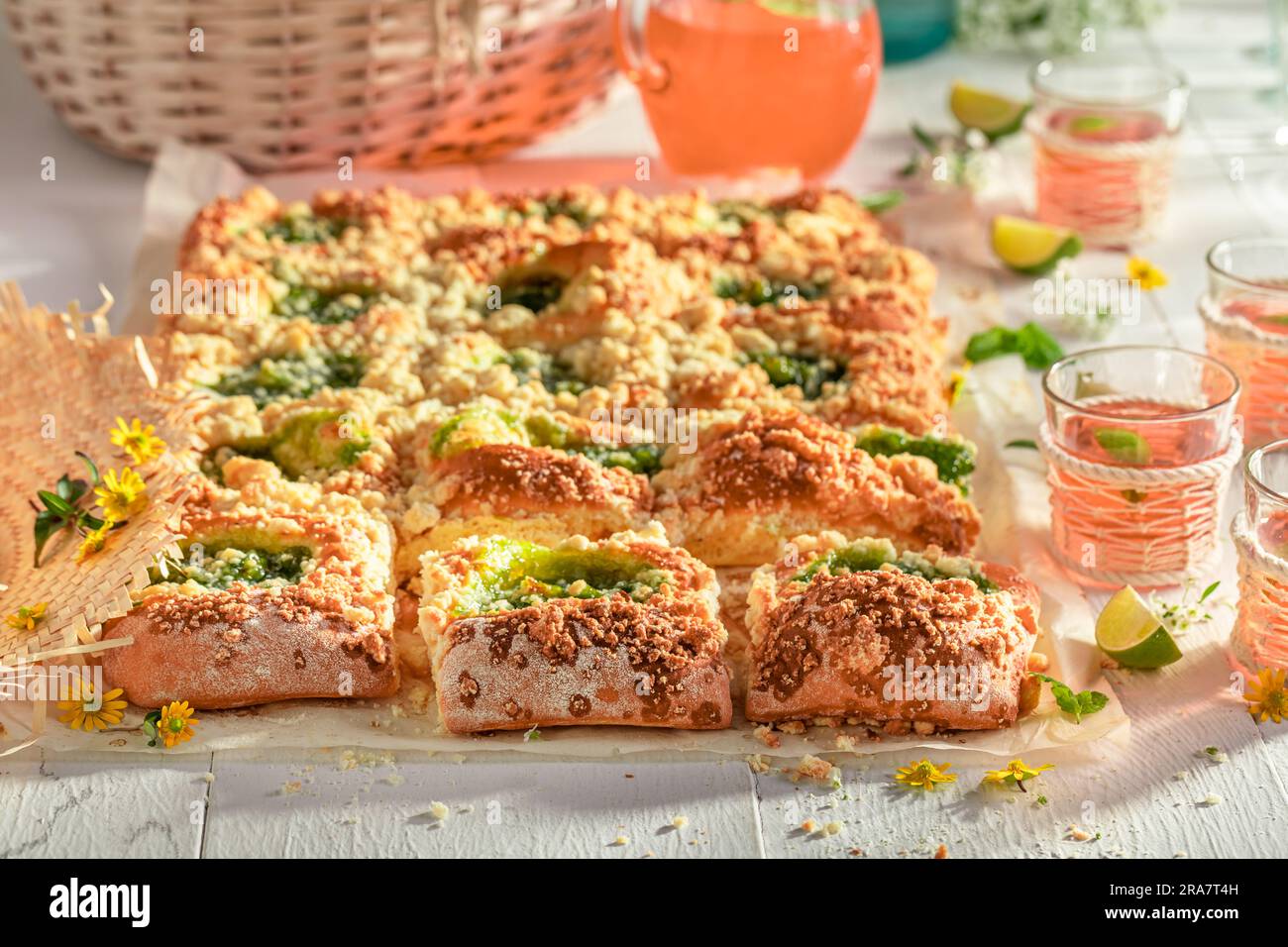 Sweet and delicious gooseberry yeast cake with glaze and crumble. Yeast ...