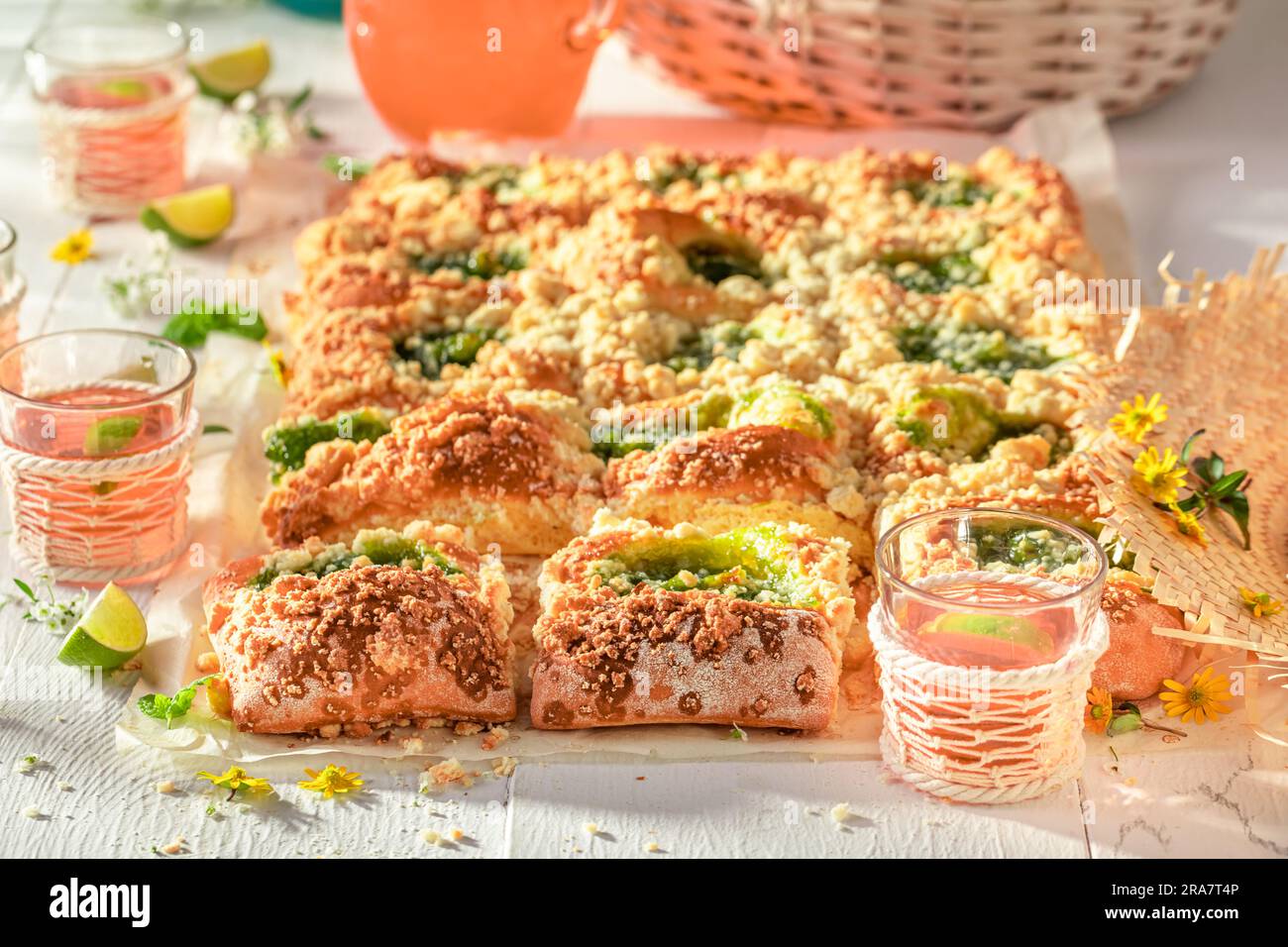 Homemade and tasty gooseberry yeast cake with glaze and crumble. Yeast ...
