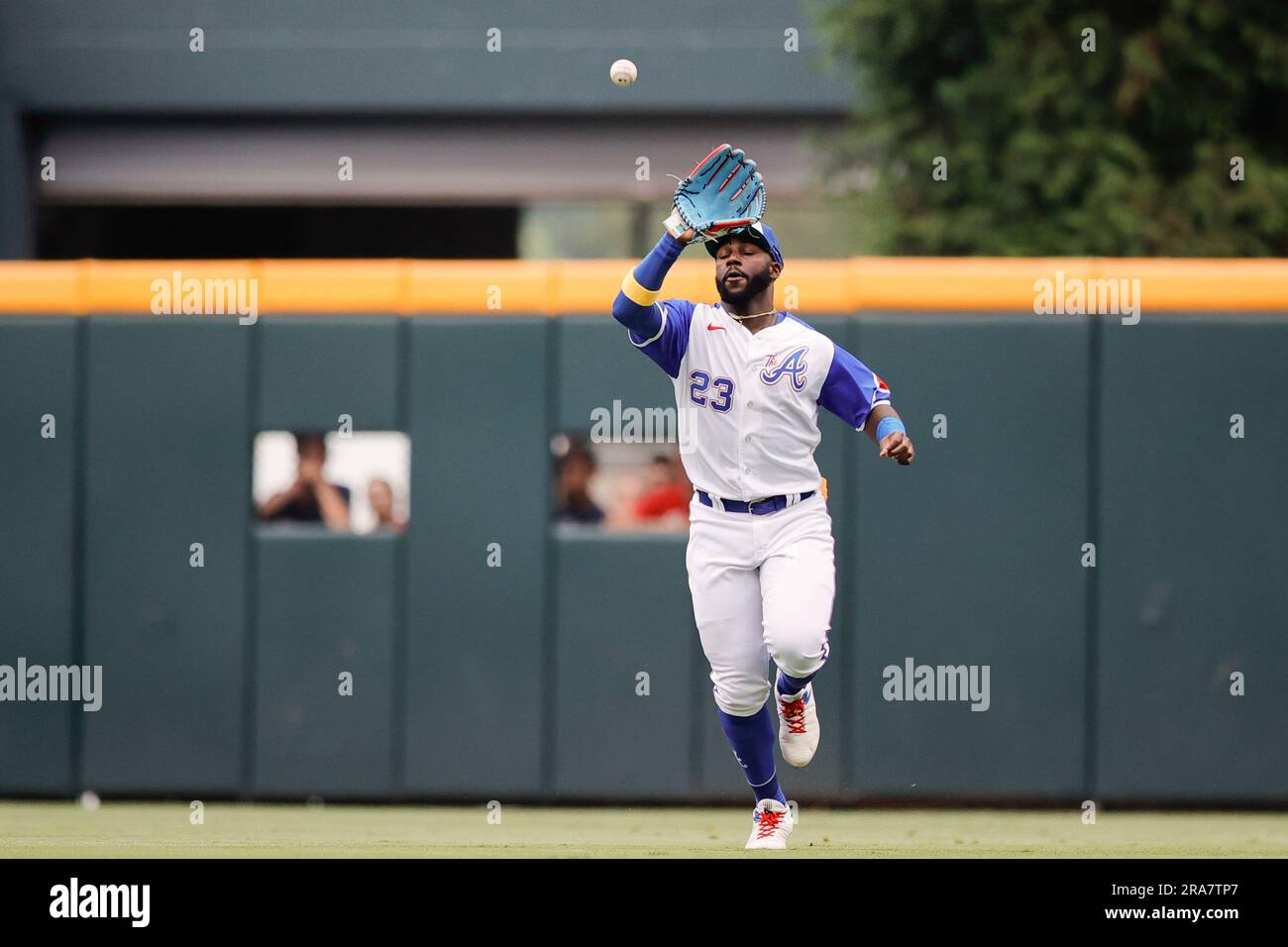 Atlanta Braves center fielder Michael Harris II (23) catches a fly ball ...