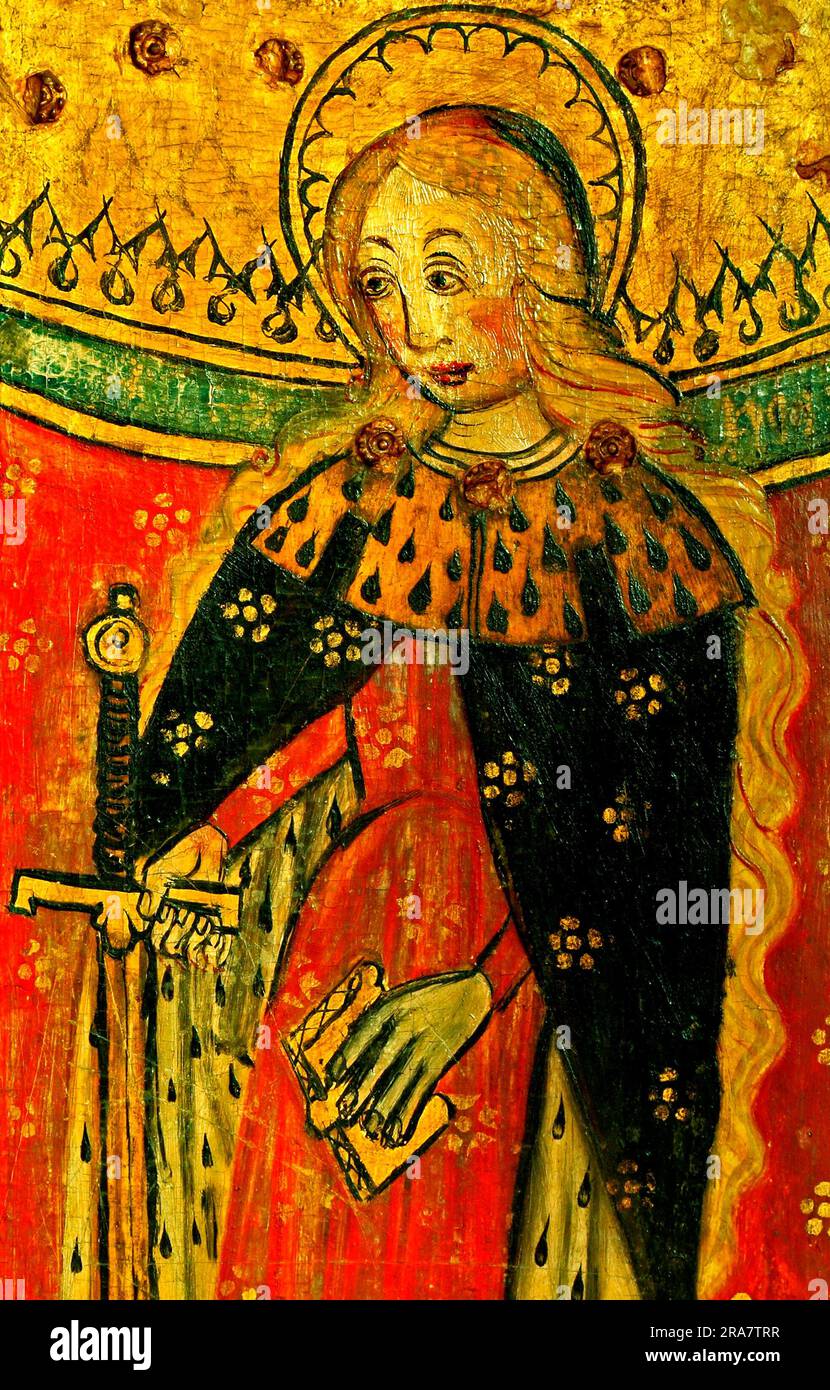 Eye, Suffolk, St Catherine, saint, holding sword, medieval rood screen ...