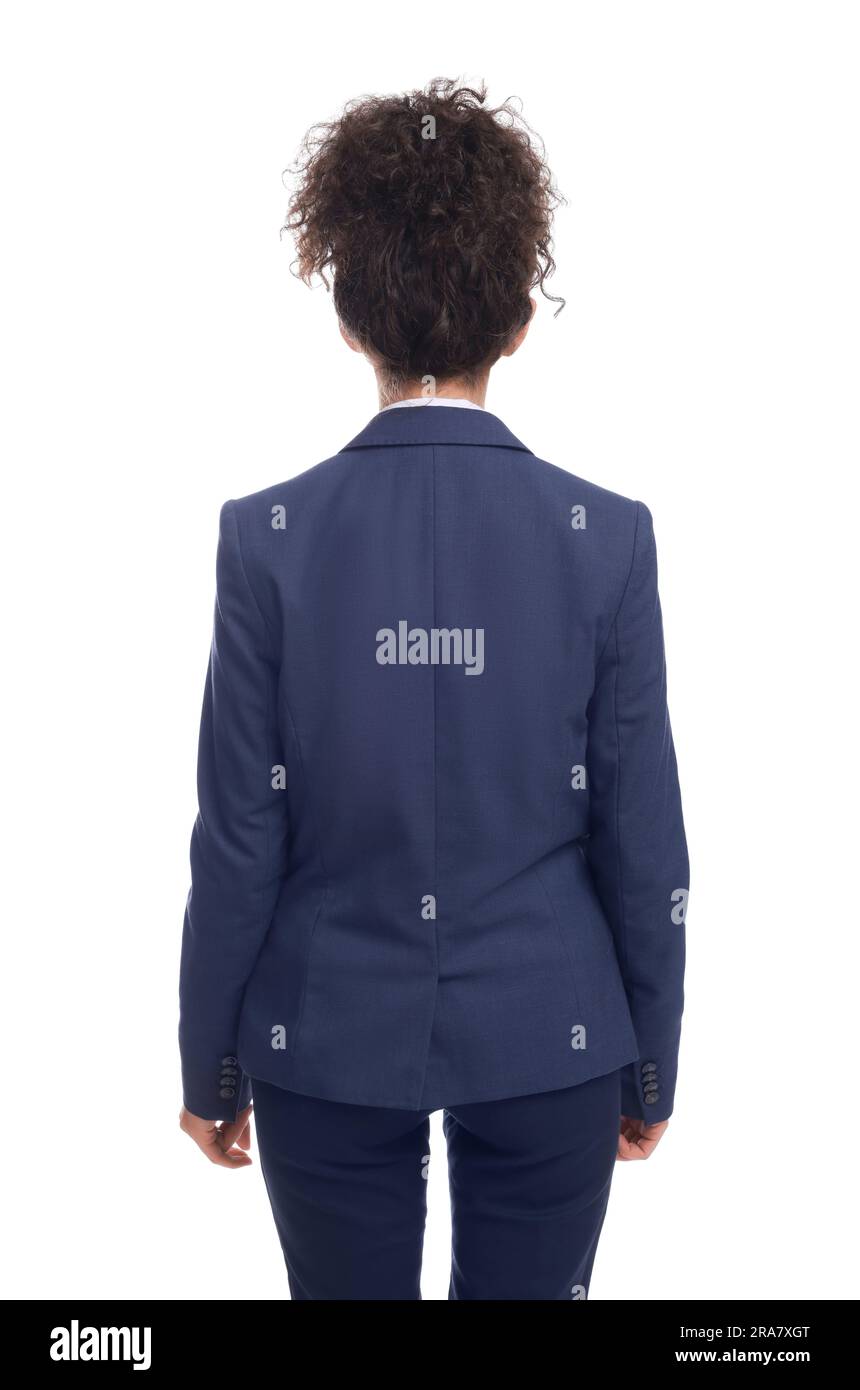 Businesswoman in suit on white background, back view Stock Photo - Alamy