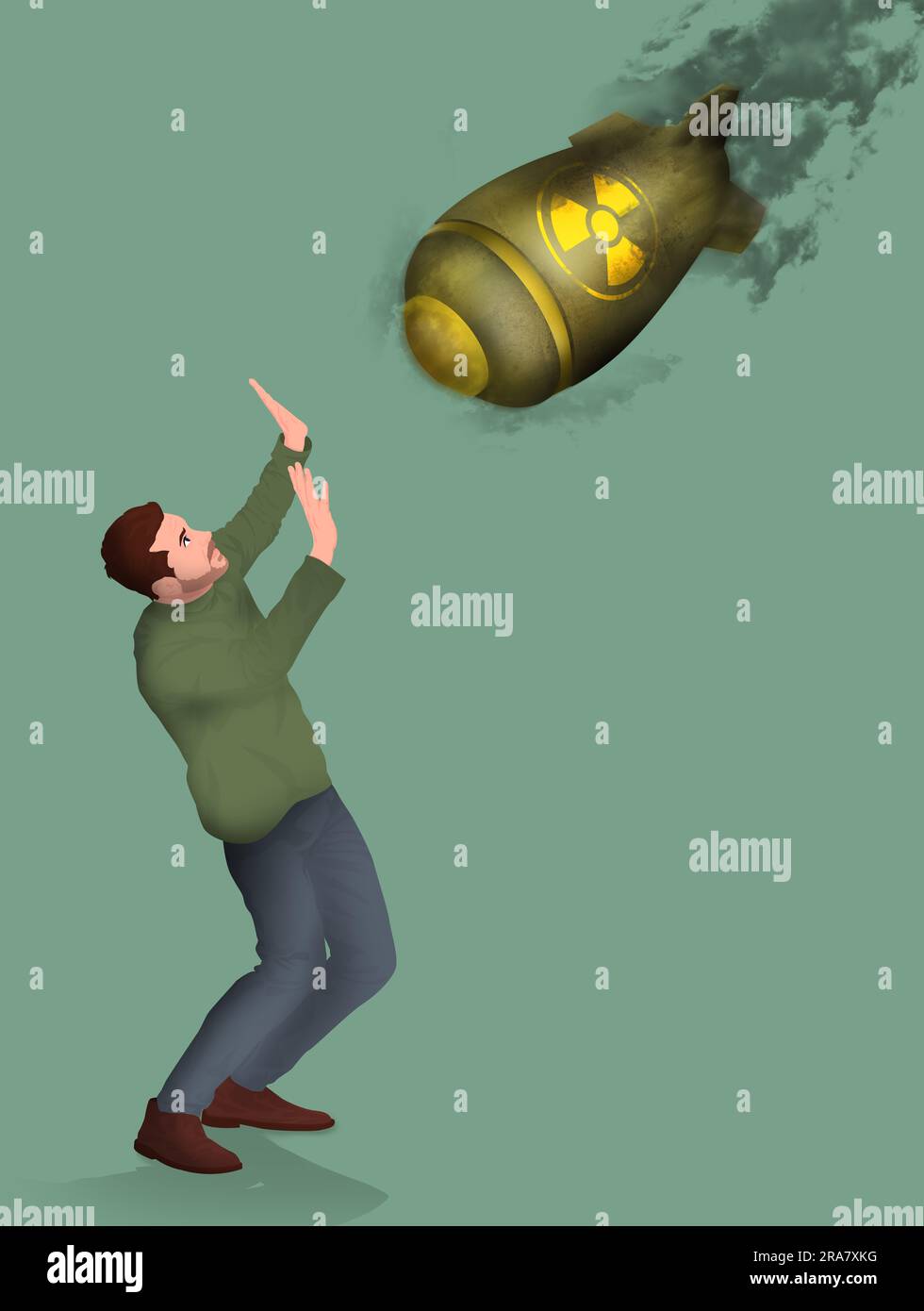 Prevent nuclear war. Atomic weapon falling towards man who trying to ...