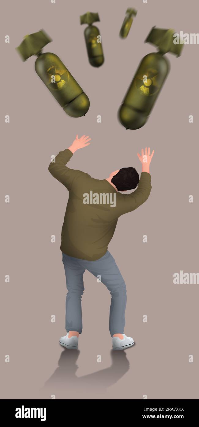 Prevent nuclear war. Atomic weapons falling towards man who trying to ...