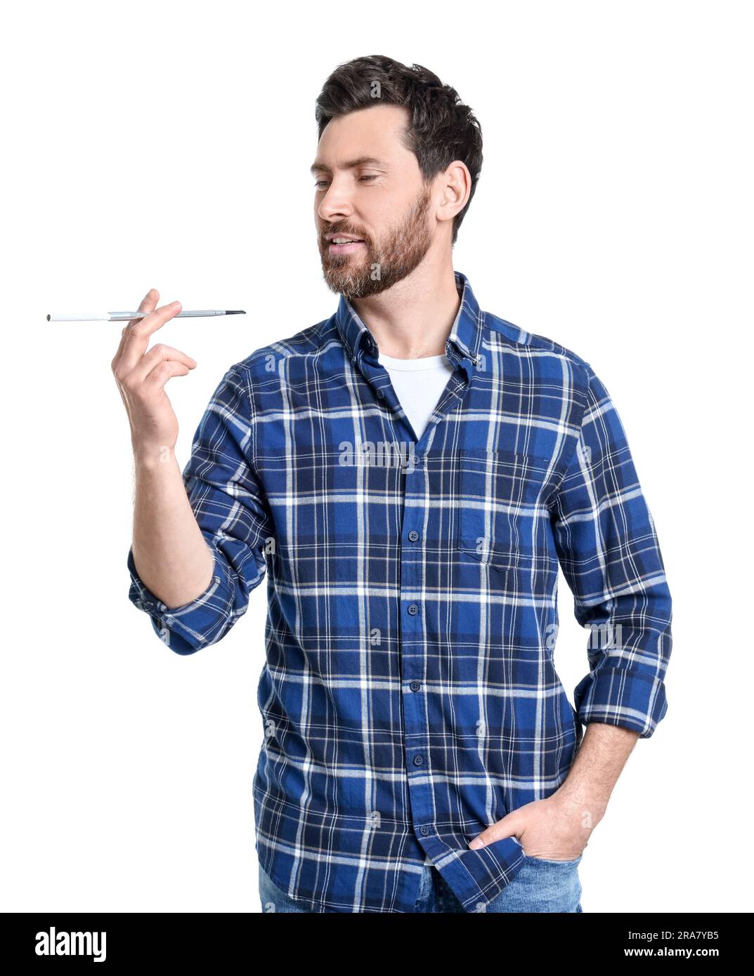 Man using long cigarette holder for smoking isolated on white Stock ...