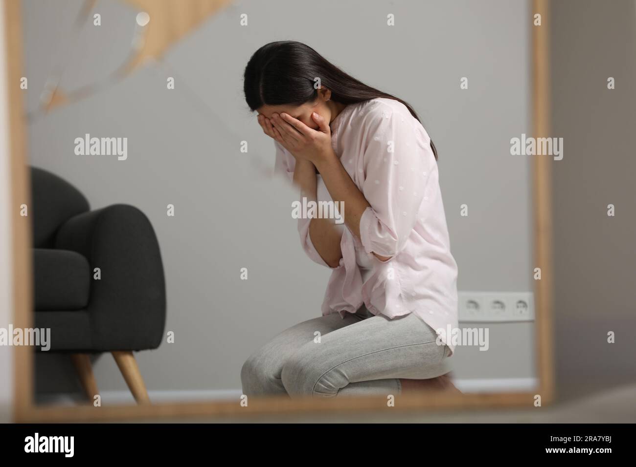 Mental problems. Depressed woman reflecting in broken mirror Stock ...