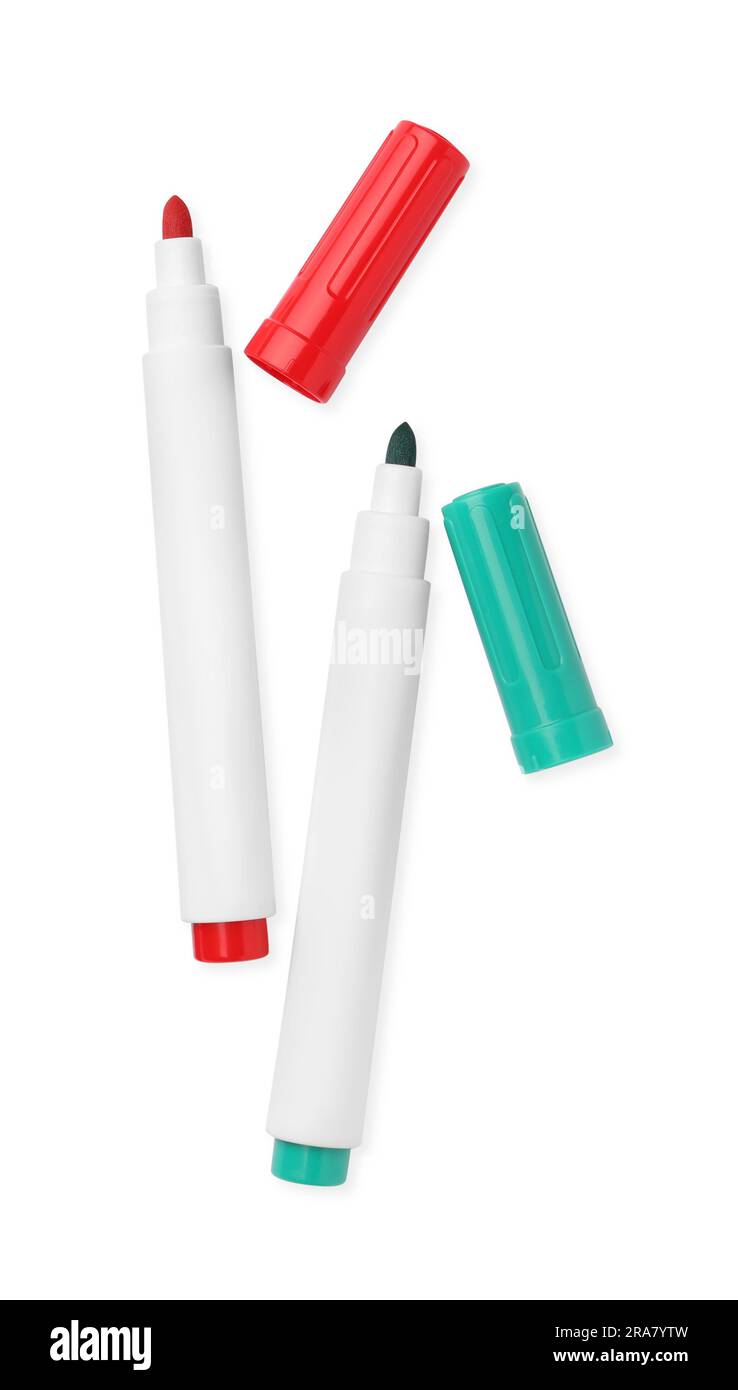 Bright color markers isolated on white, top view. School stationery ...