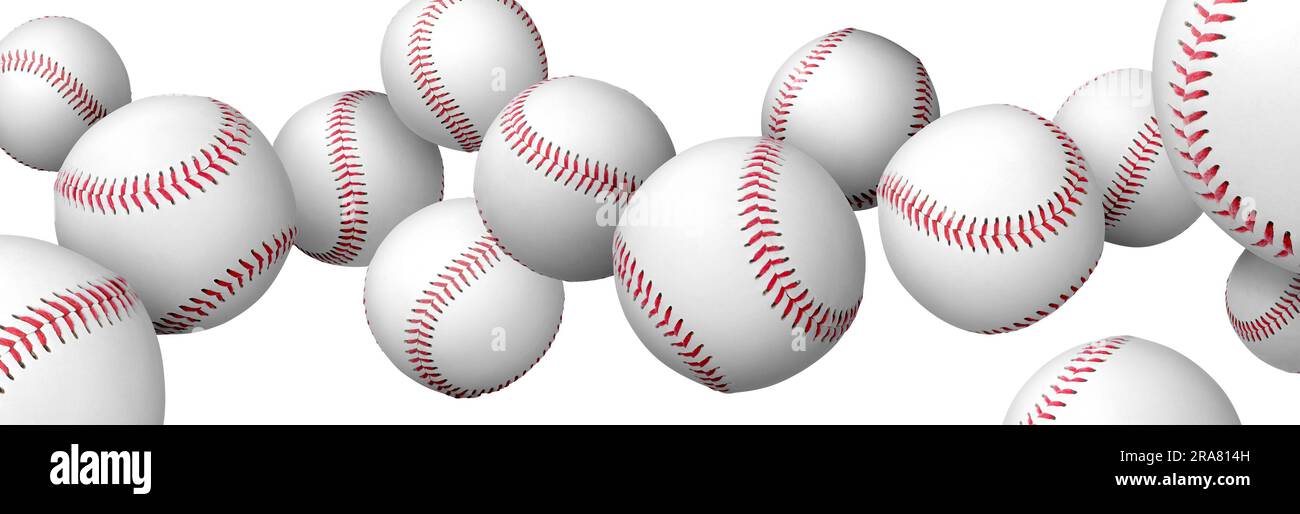 Many baseball balls flying on white background Stock Photo - Alamy